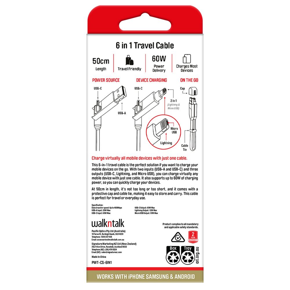 6 in 1 Travel Lightning, USB C & Micro USB Cable | Walkntalk