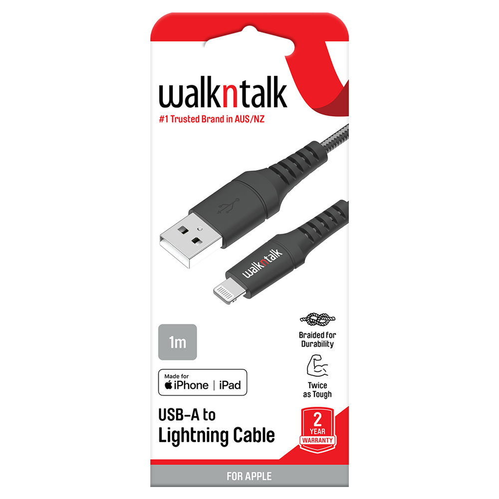 1m Braided Black Apple iPhone Lightning Cable | Walkntalk