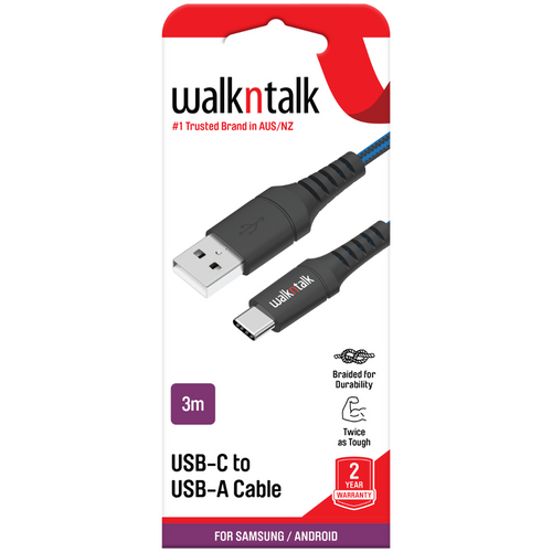 3m Long Blue Braided USB C Cable | Walkntalk